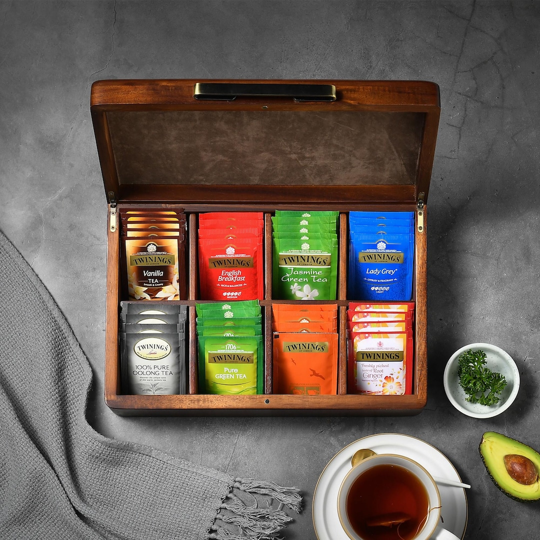 Personalized Engraved Wooden Tea Box Storage With 4 Removable Slots ...