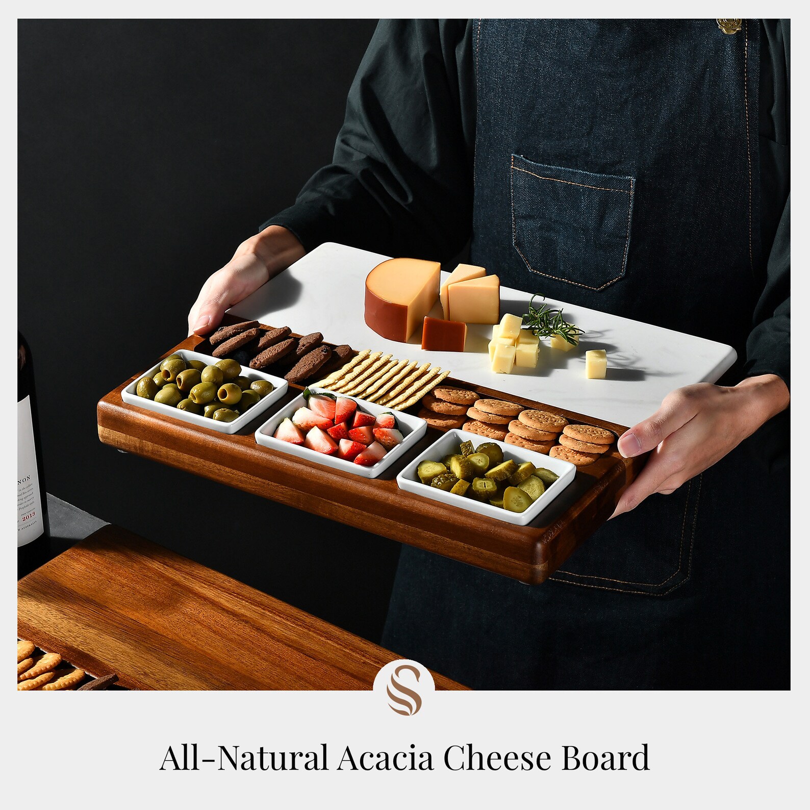 Shanik Wood Marble Cheese Board Set With 3 Ceramic Bowls Stainless ...