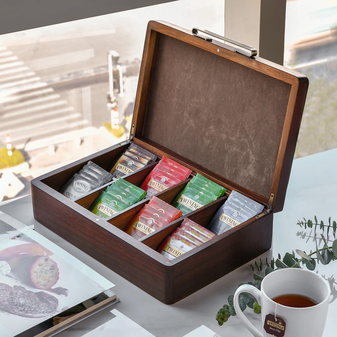 Personalized Hostess Wooden Tea Box 4 Slots Engraved Storage Organizer ...