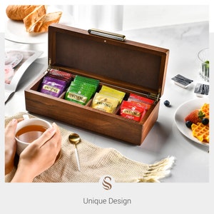 Personalized Tea Box Organizer With 4 Compartments, Acacia Wood Tea Box With Custom Print, Tea ...