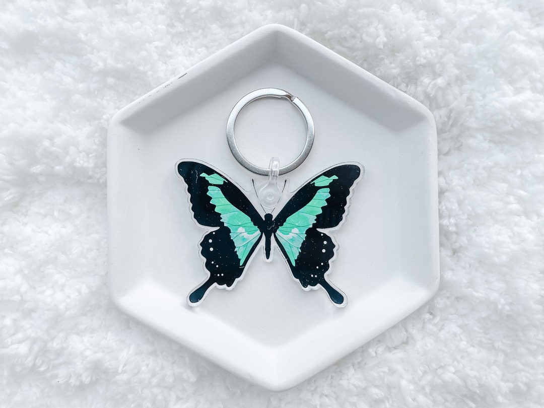 Green Butterfly Acrylic Keychains, Watercolor Style Clear Keychain, Key ...