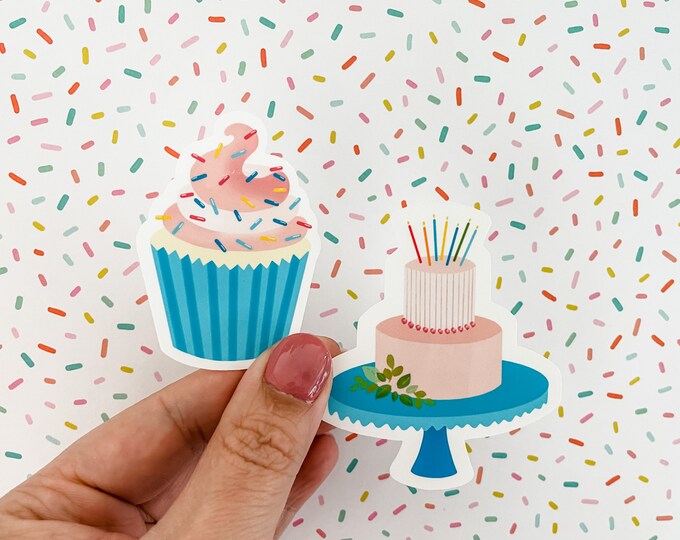 Pink and Aqua Cake or Cupcake Vinyl Sticker, Birthday Sticker ...