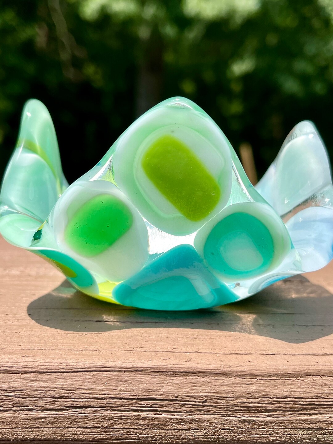 Handmade Fused Glass Tea Light Holder: Blue & Green Home Decor - Etsy