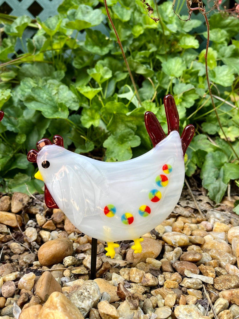 Fused Glass Chicken Garden Stake: Handmade Outdoor Decor - Etsy