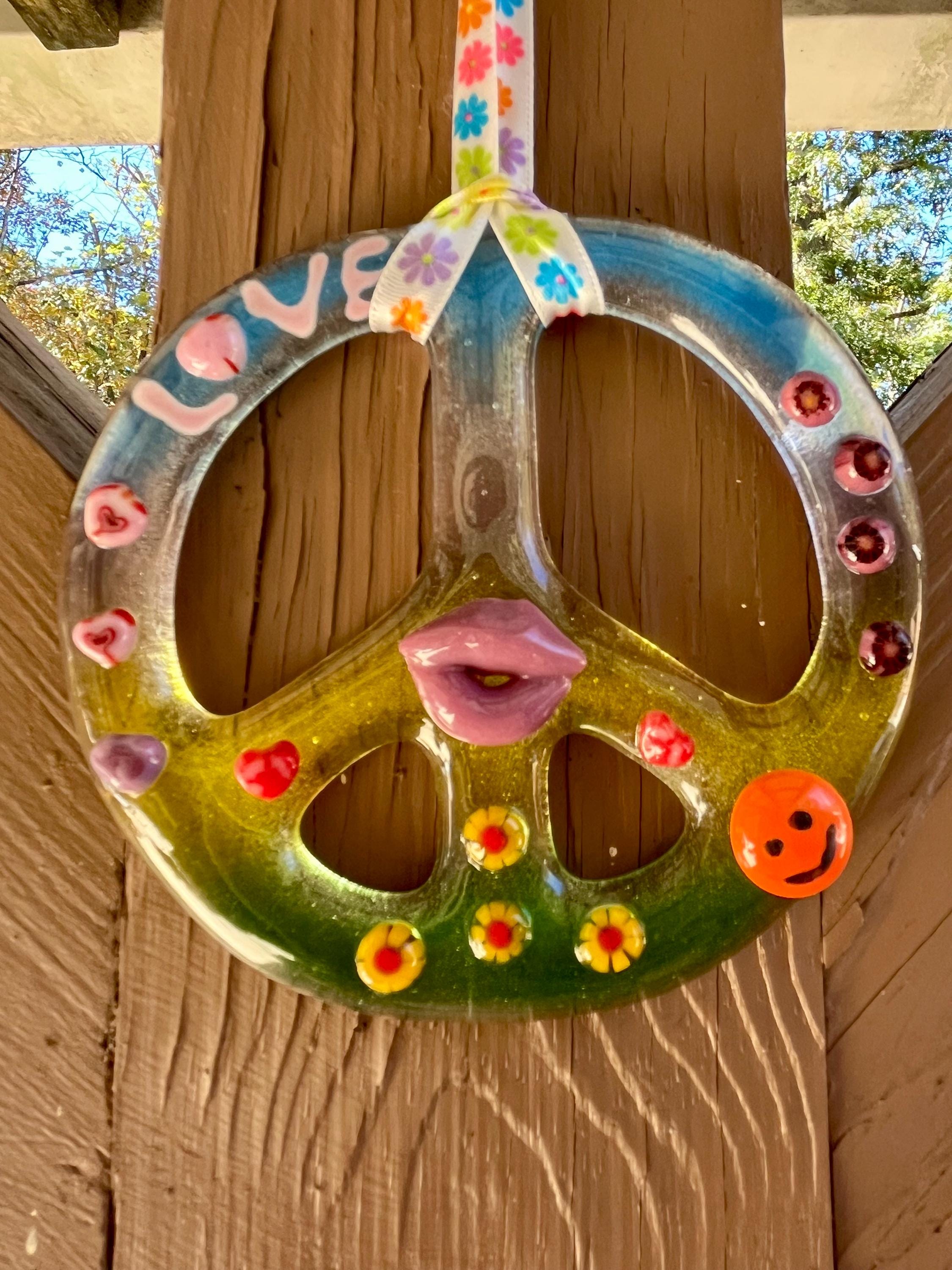 Fused Glass Peace Sign With Flowers - Handmade - Etsy