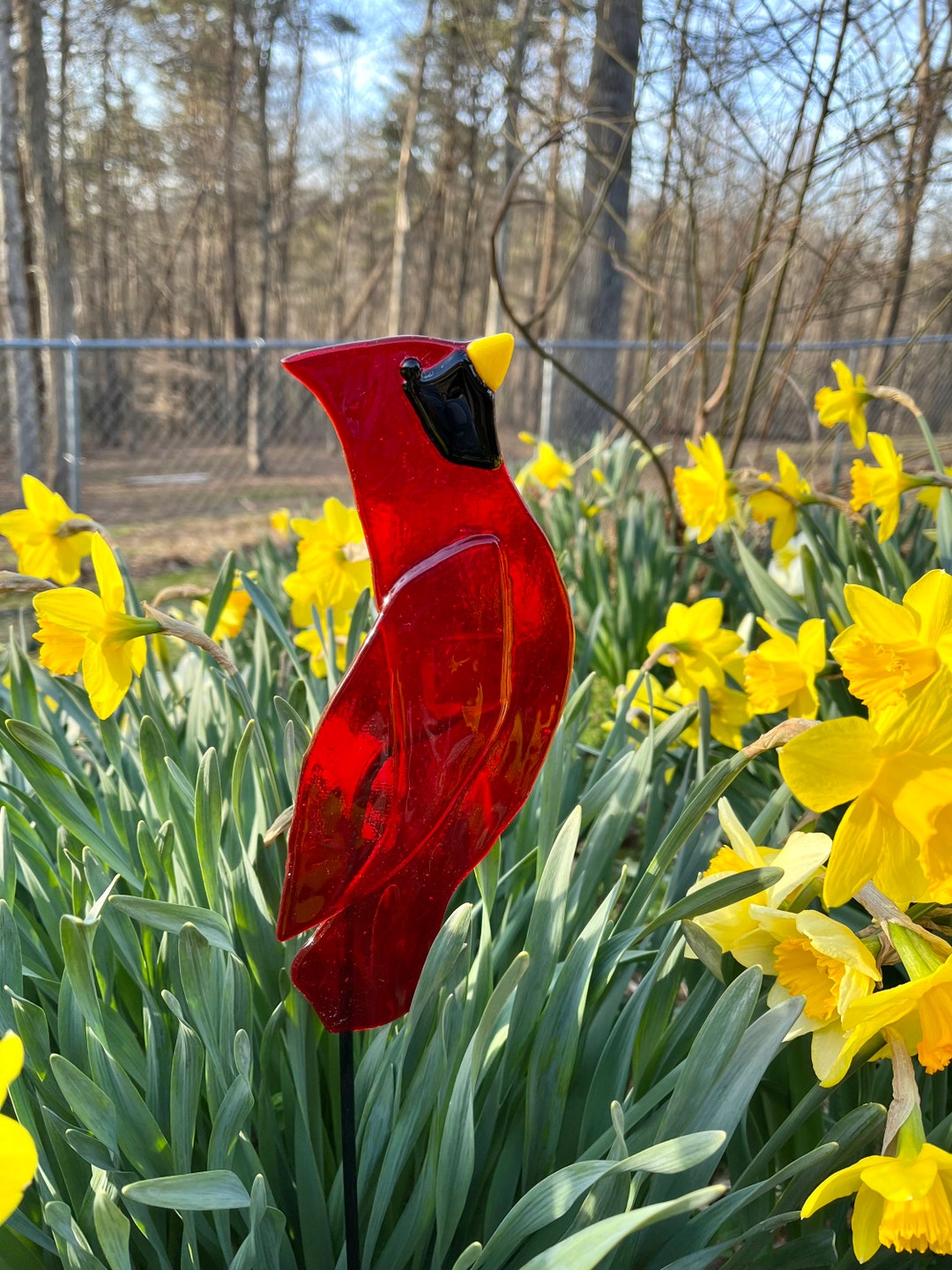Fused Glass Cardinal, Tree Stake Cardinal, Garden Stake Cardinal, Glass ...