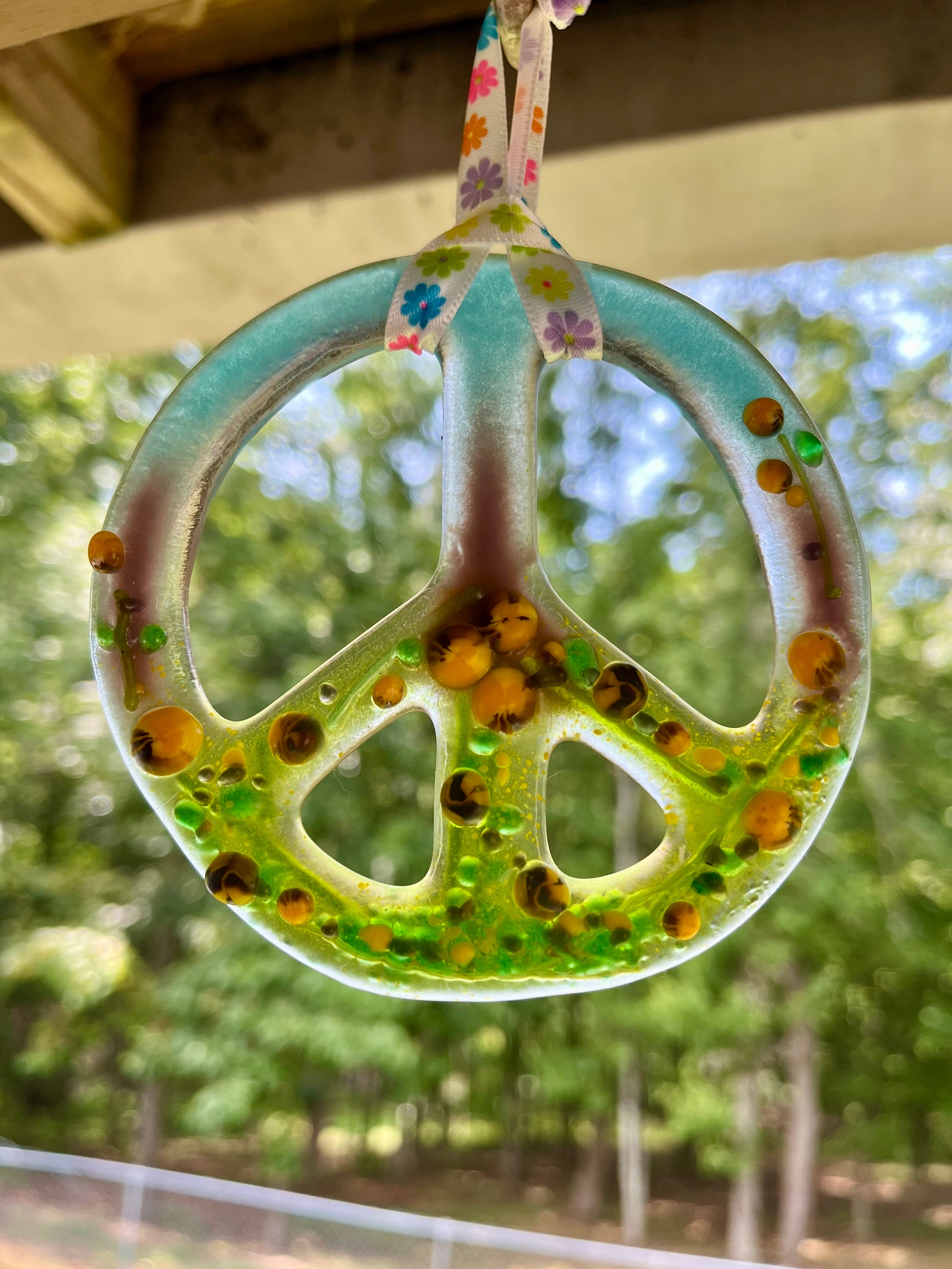 Fused Glass Peace Sign With Flowers - Handmade - Etsy
