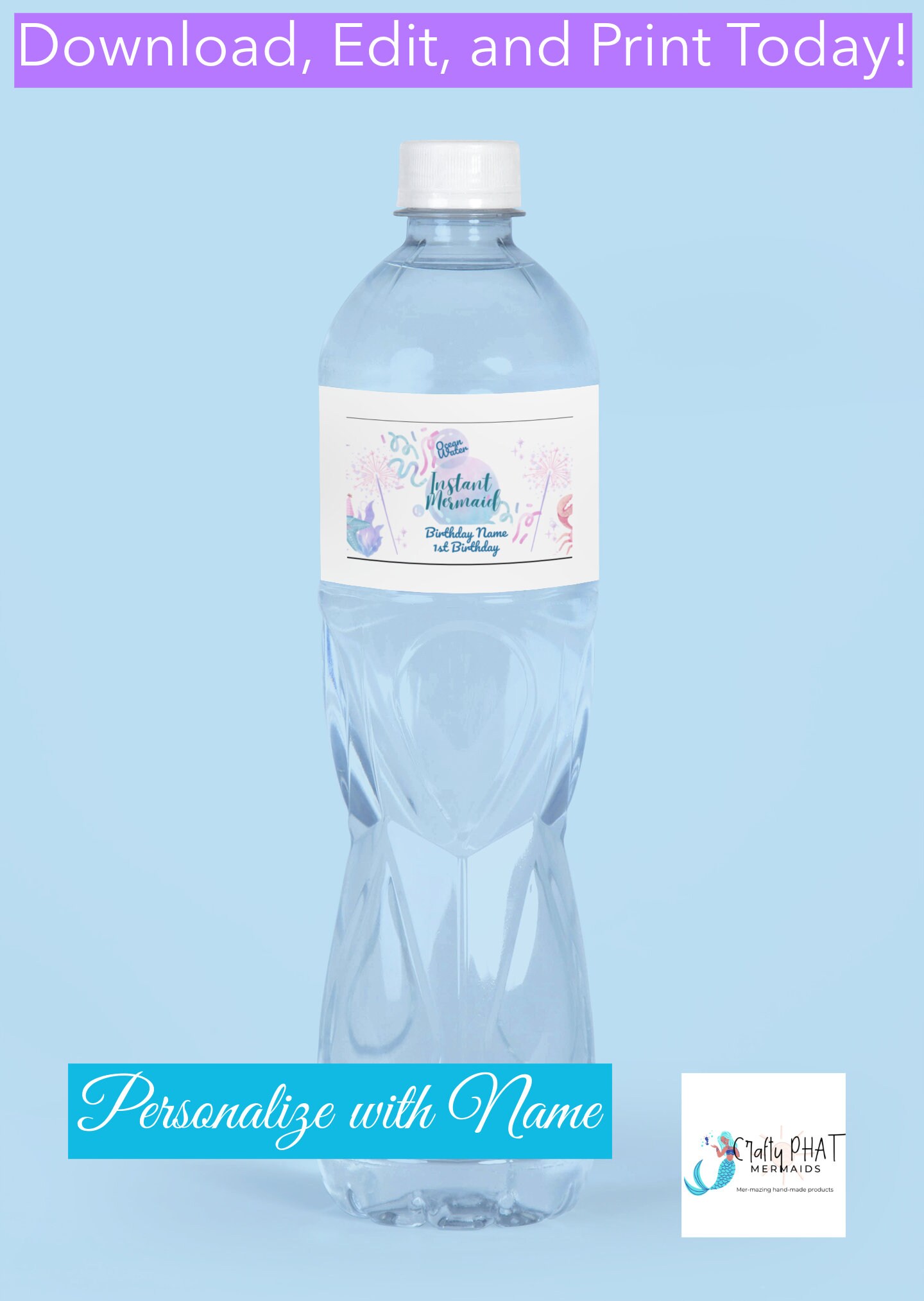 Instant Mermaid Bottle Label, TEMPLATE, Editable, Mermaid Birthday ...