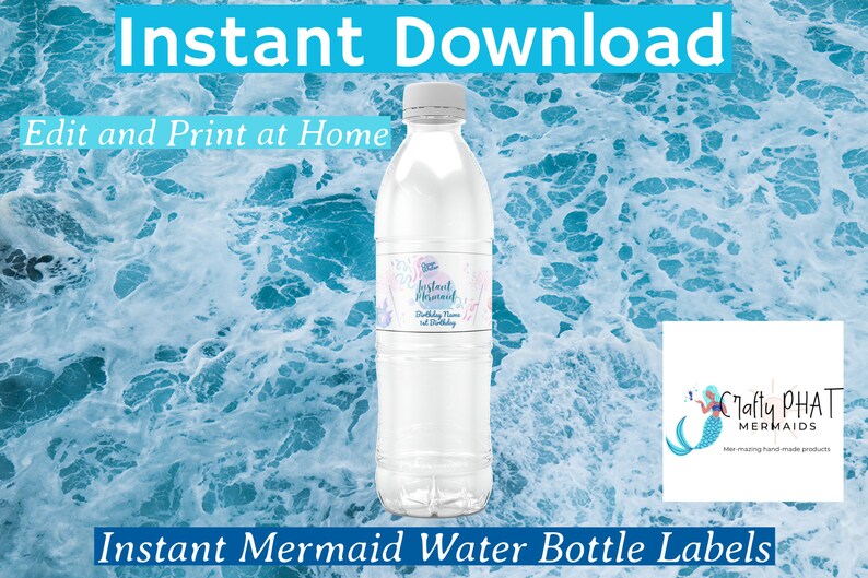 Instant Mermaid Bottle Label, TEMPLATE, Editable, Mermaid Birthday ...