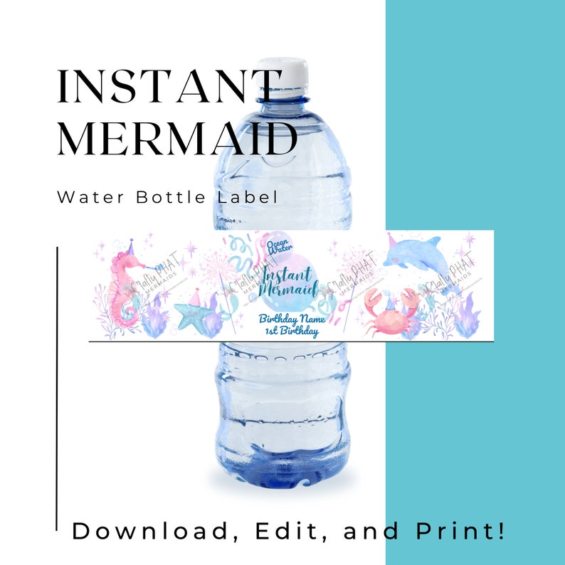 Instant Mermaid Bottle Label, TEMPLATE, Editable, Mermaid Birthday ...
