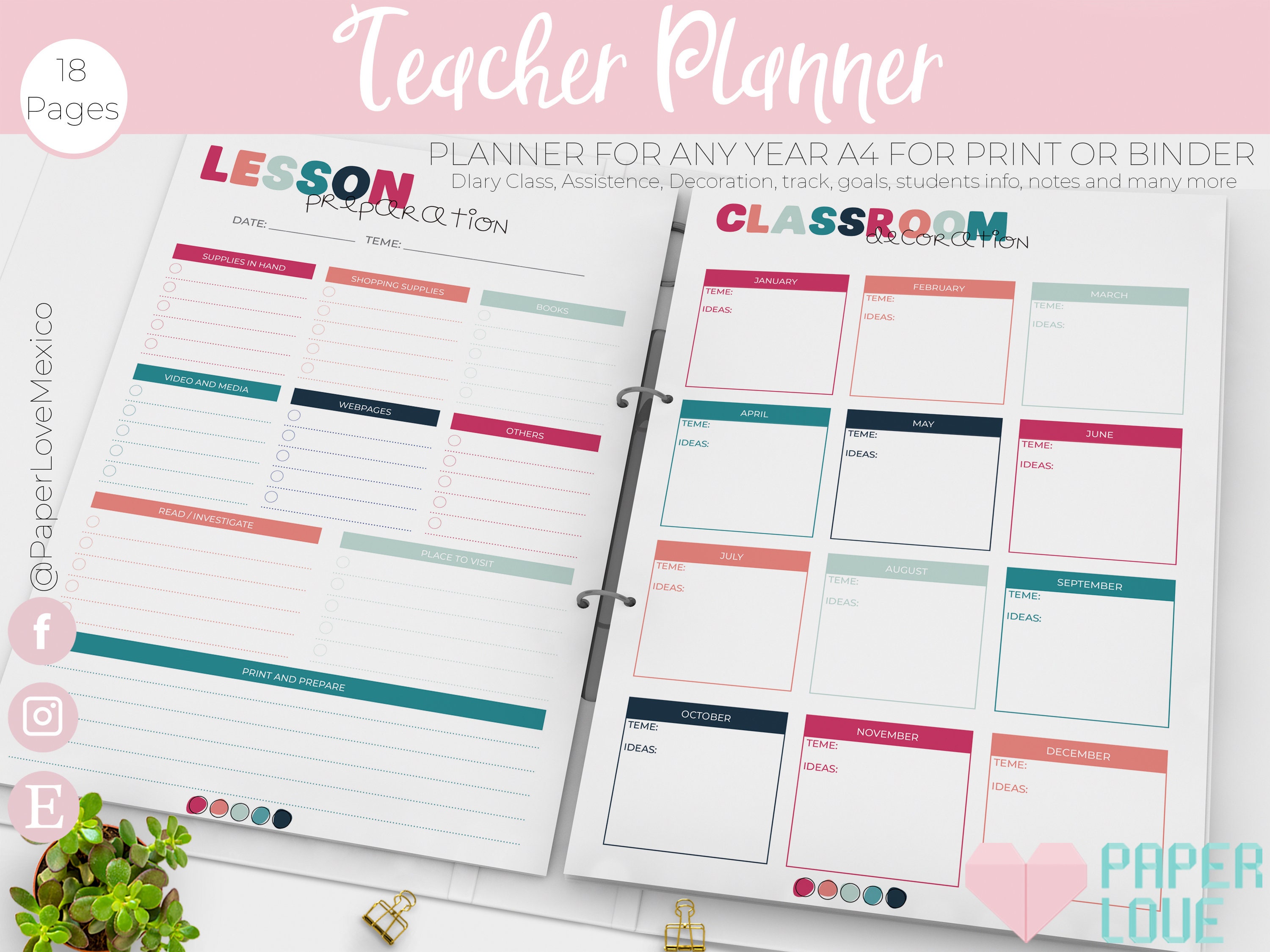 Teacher Planner A4 for Print or Binder No DATES / PRINTABLE / PDF - Etsy