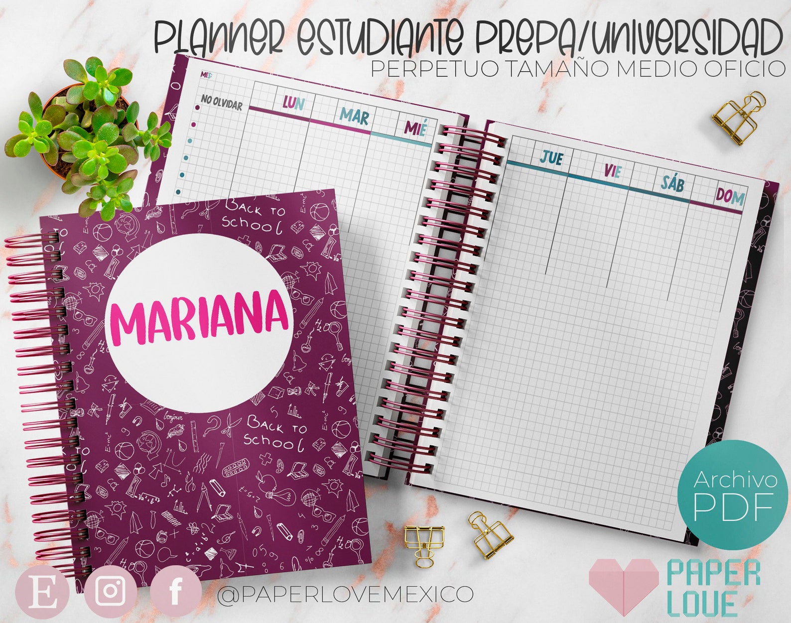 Planner de Estudio Universitarios /Preparatoria Tamaño Medio Oficio ...