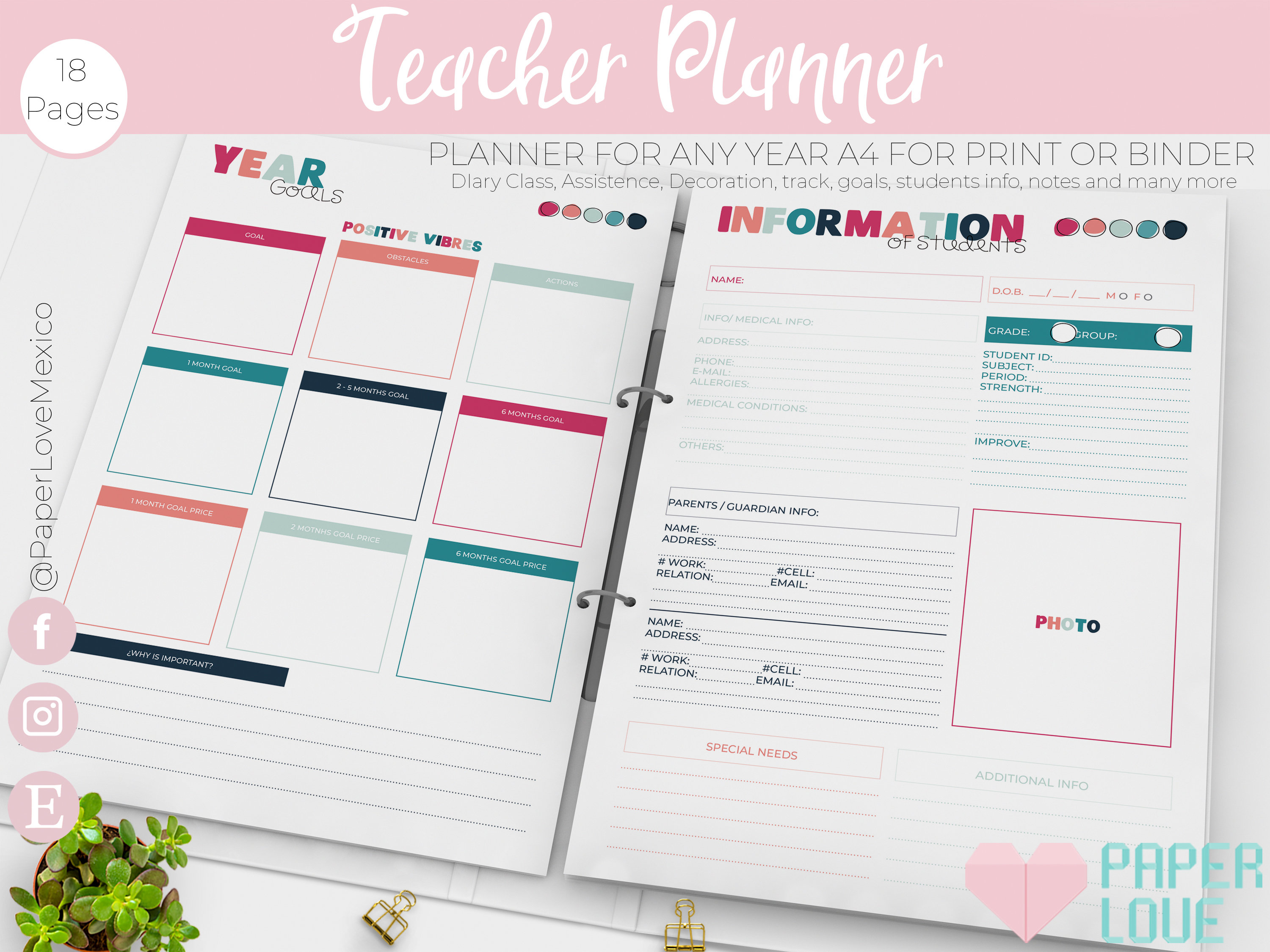 Teacher Planner A4 for Print or Binder No DATES / PRINTABLE / PDF - Etsy UK