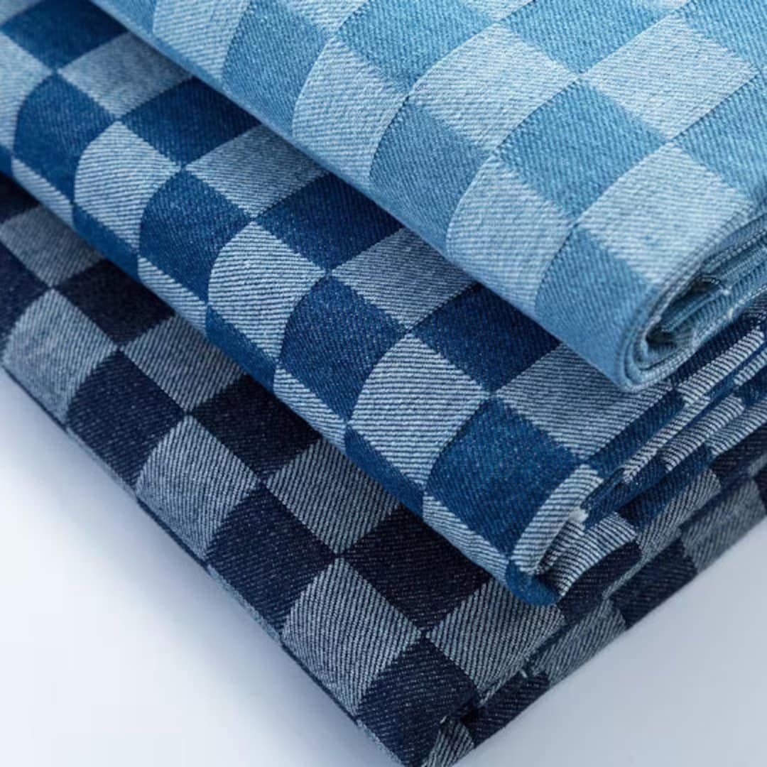 Checkerboard Denim Fabric, Cotton Jacquard Denim Fabric, Thick Washed ...