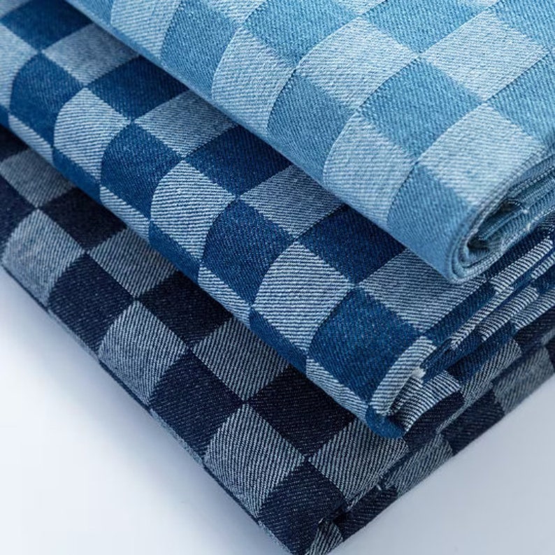 Checkerboard Denim Fabric, Cotton Jacquard Denim Fabric, Thick Washed ...