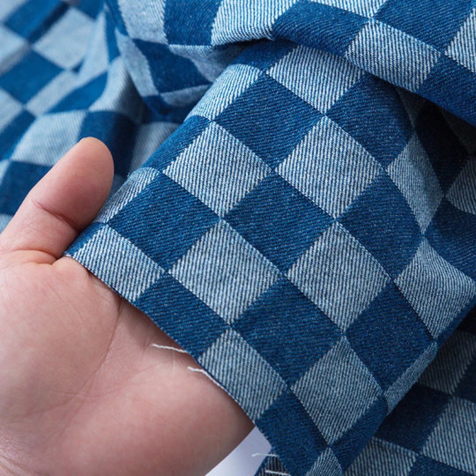 Checkerboard Denim Fabric, Cotton Jacquard Denim Fabric, Thick Washed ...
