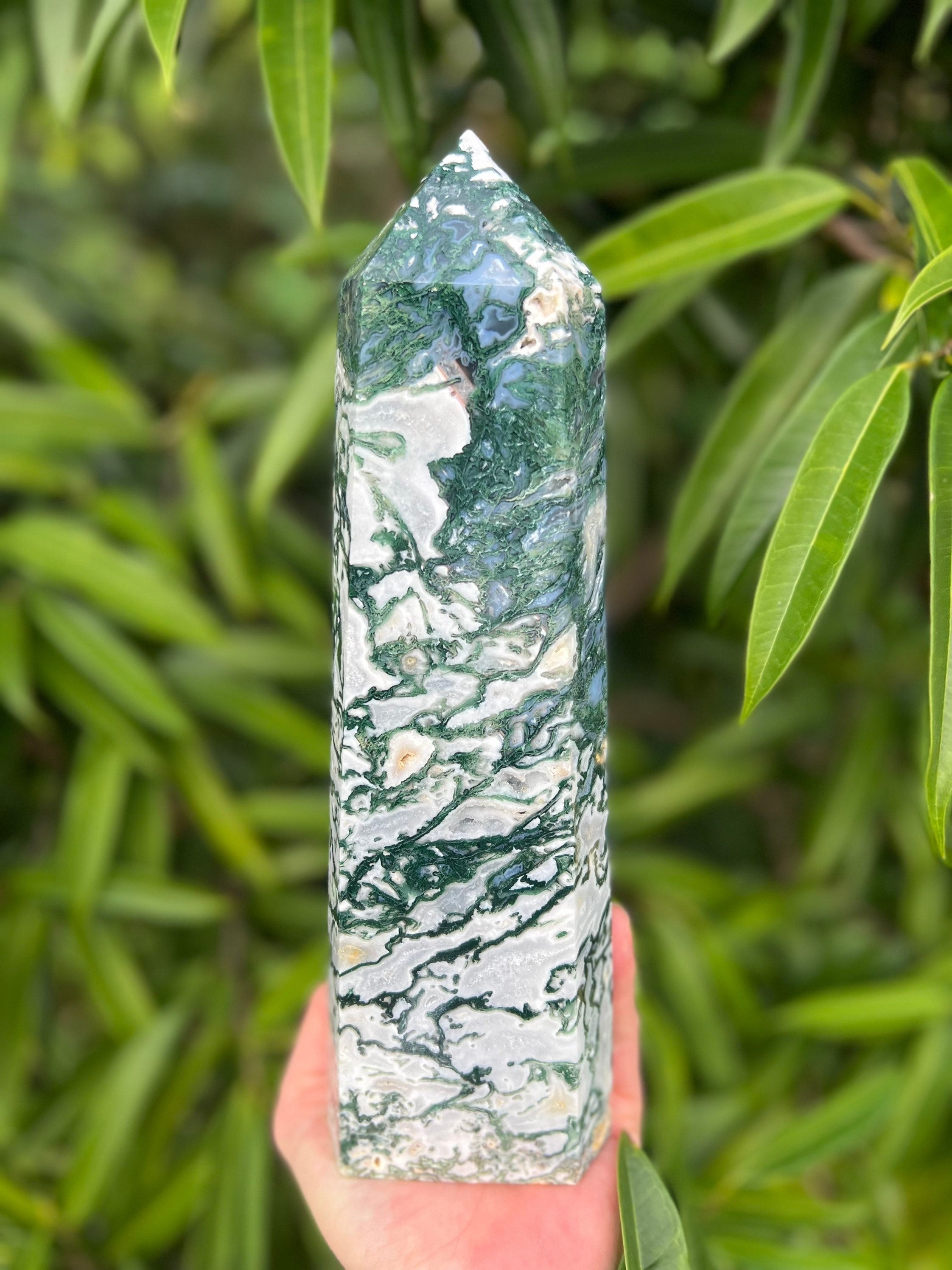 Huge Druzy Crystal Moss Agate Tower High Quality Crystal Tower Large Moss Agate Point Green Moss Agate Obelisk