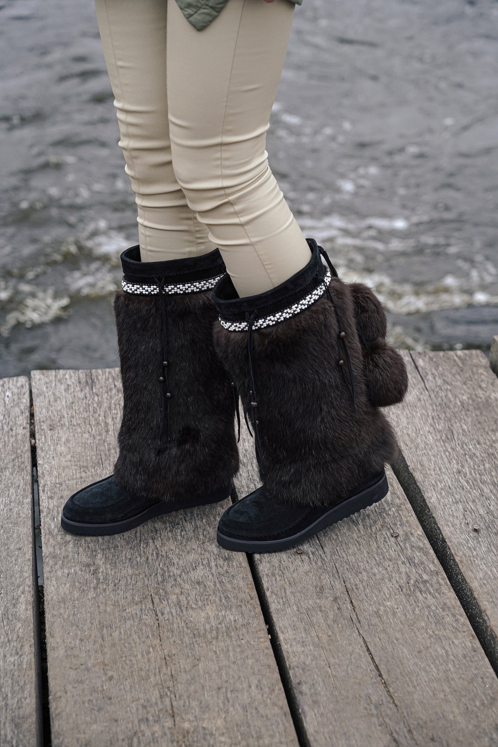 Black Winter Mukluks With Black Natural Fur, Traditional Women Yeti ...