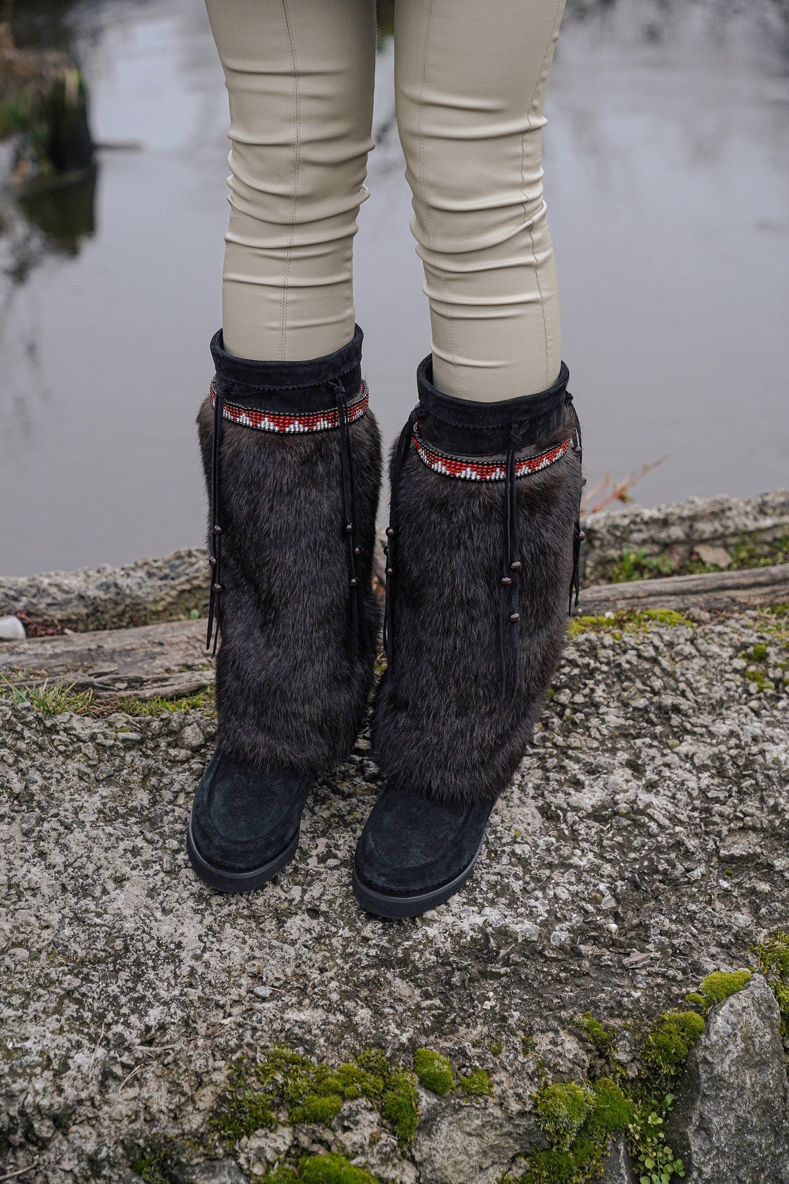 Black Winter Mukluks From Suede and Natural Fur, Traditional Women Yeti ...