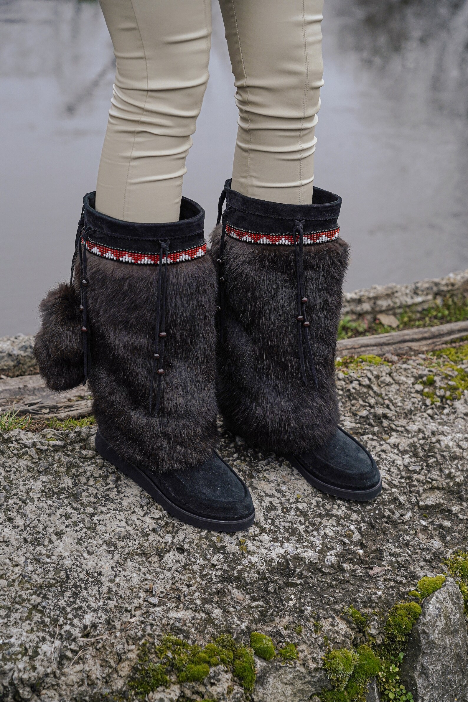 Black Winter Mukluks From Suede and Natural Fur, Traditional Women Yeti ...