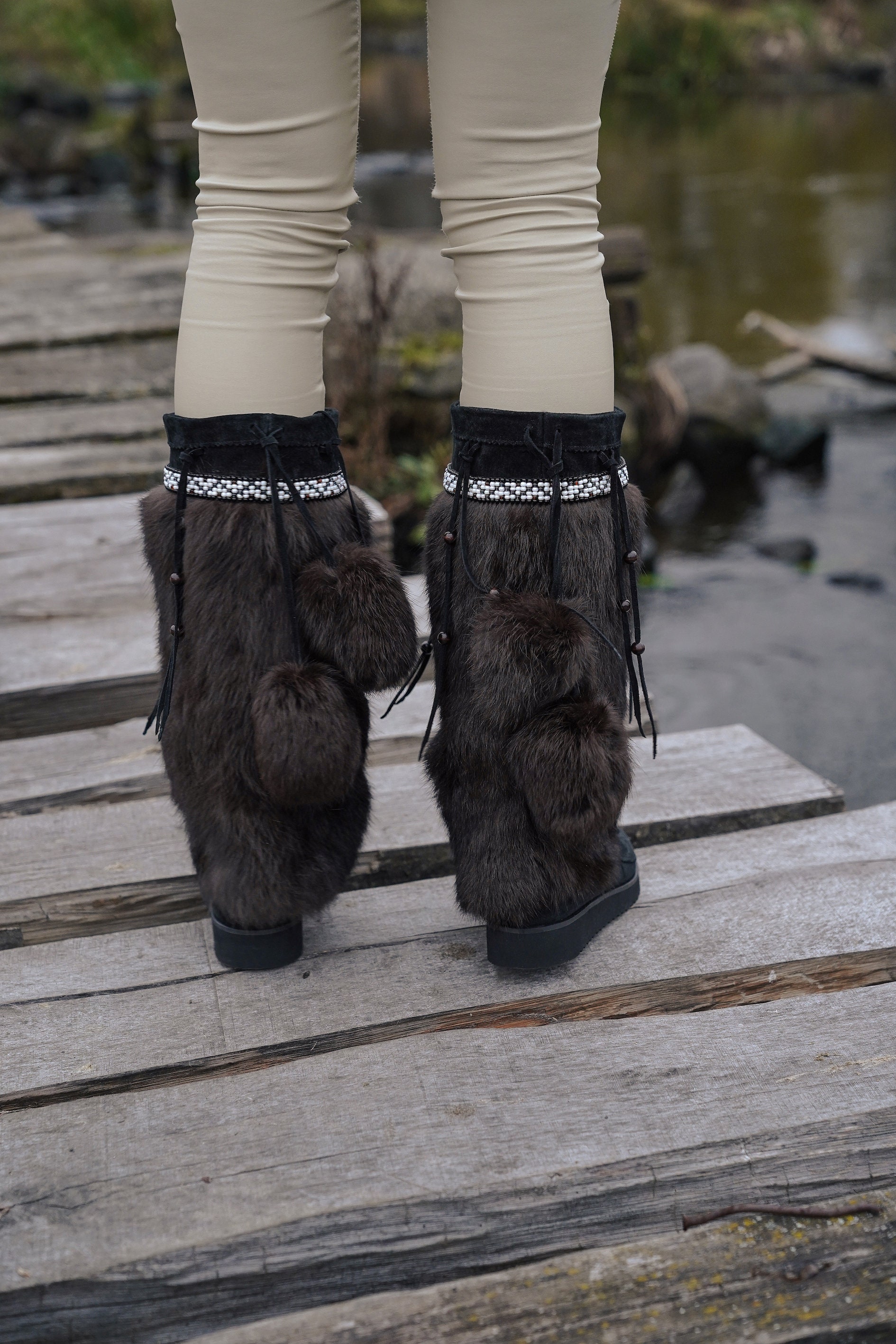 Black Winter Mukluks With Black Natural Fur, Traditional Women Yeti ...
