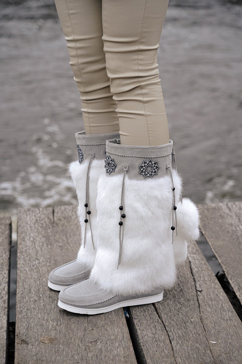 Grey Winter Mukluks With White Natural Fur, Traditional Women Yeti Snow ...
