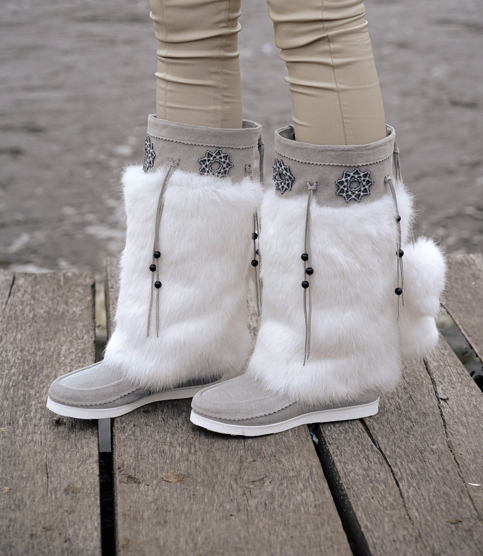 Grey Winter Mukluks With White Natural Fur, Traditional Women Yeti Snow ...