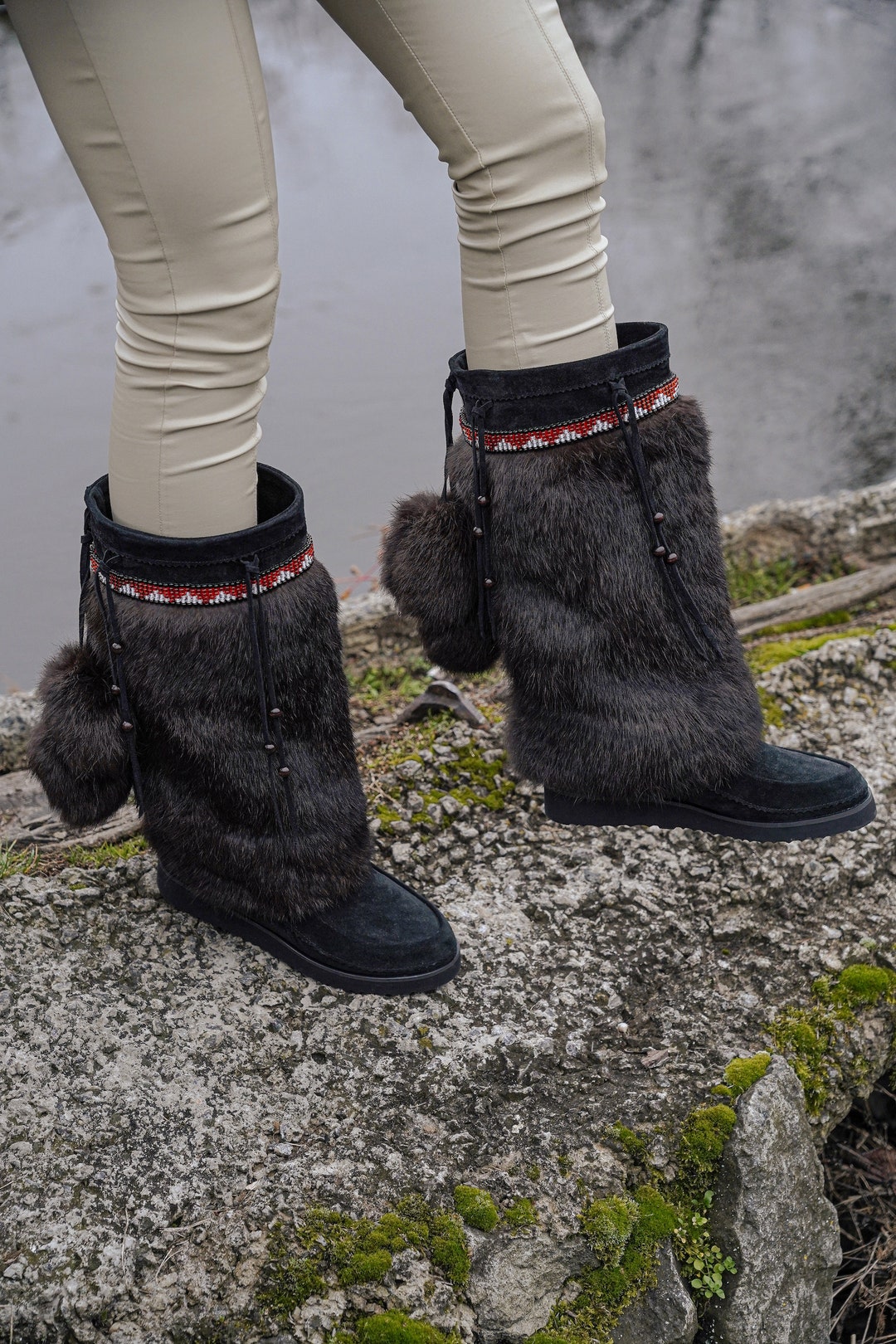 Black Winter Mukluks From Suede and Natural Fur, Traditional Women Yeti ...