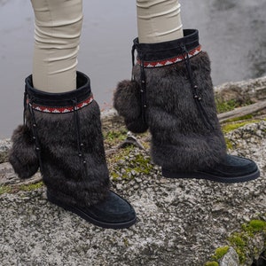 Black Winter Mukluks From Suede and Natural Fur, Traditional Women Yeti ...