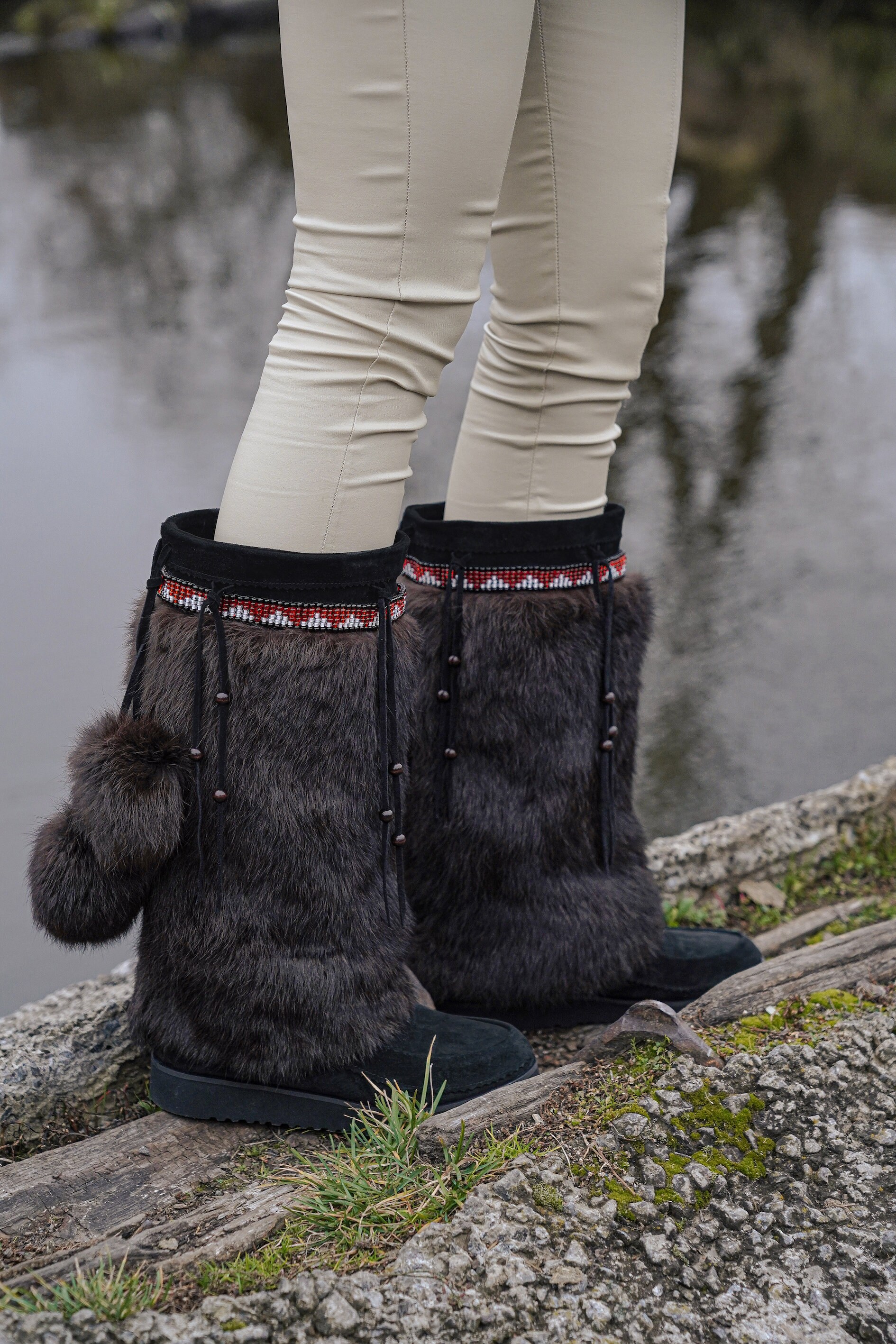 Black Winter Mukluks From Suede and Natural Fur, Traditional Women Yeti ...