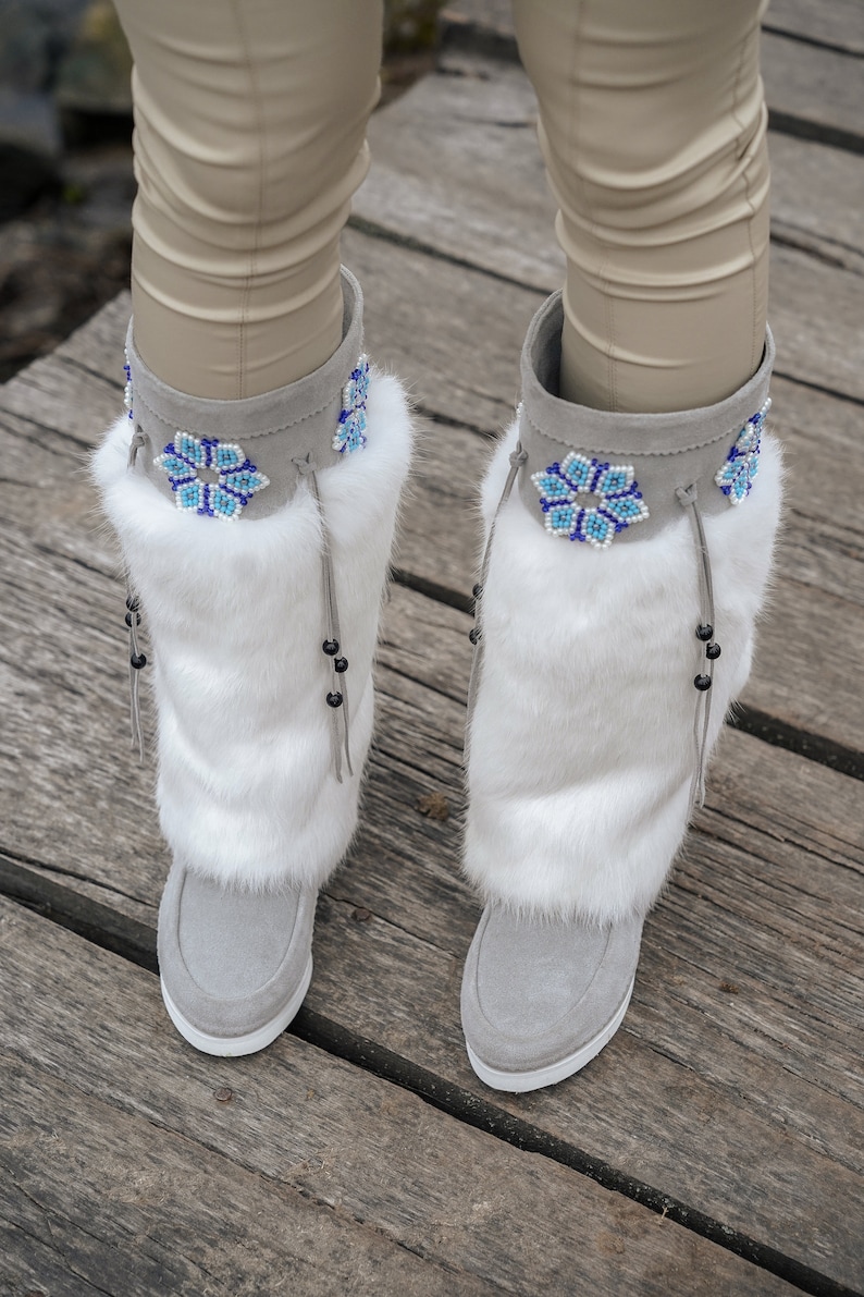 Grey Winter Mukluks With White Natural Fur, Traditional Women Yeti Snow ...