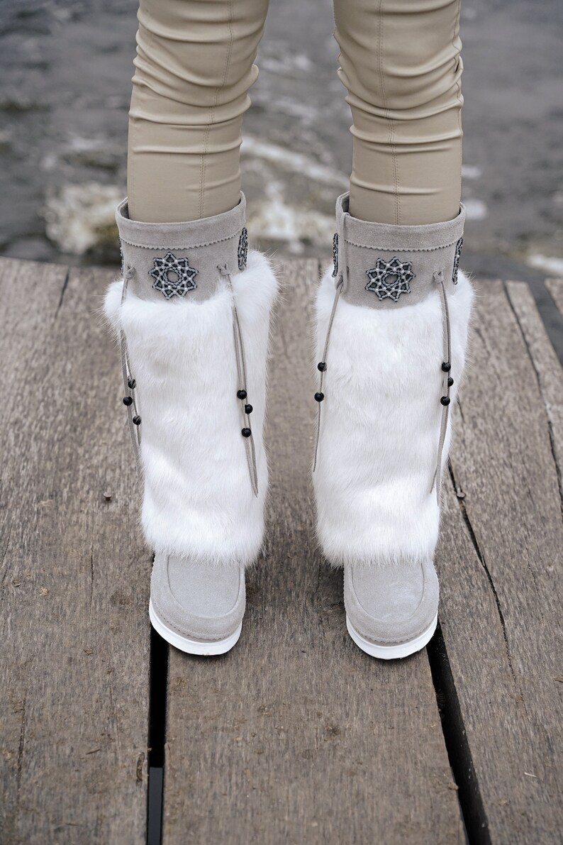 Grey Winter Mukluks With White Natural Fur, Traditional Women Yeti Snow ...