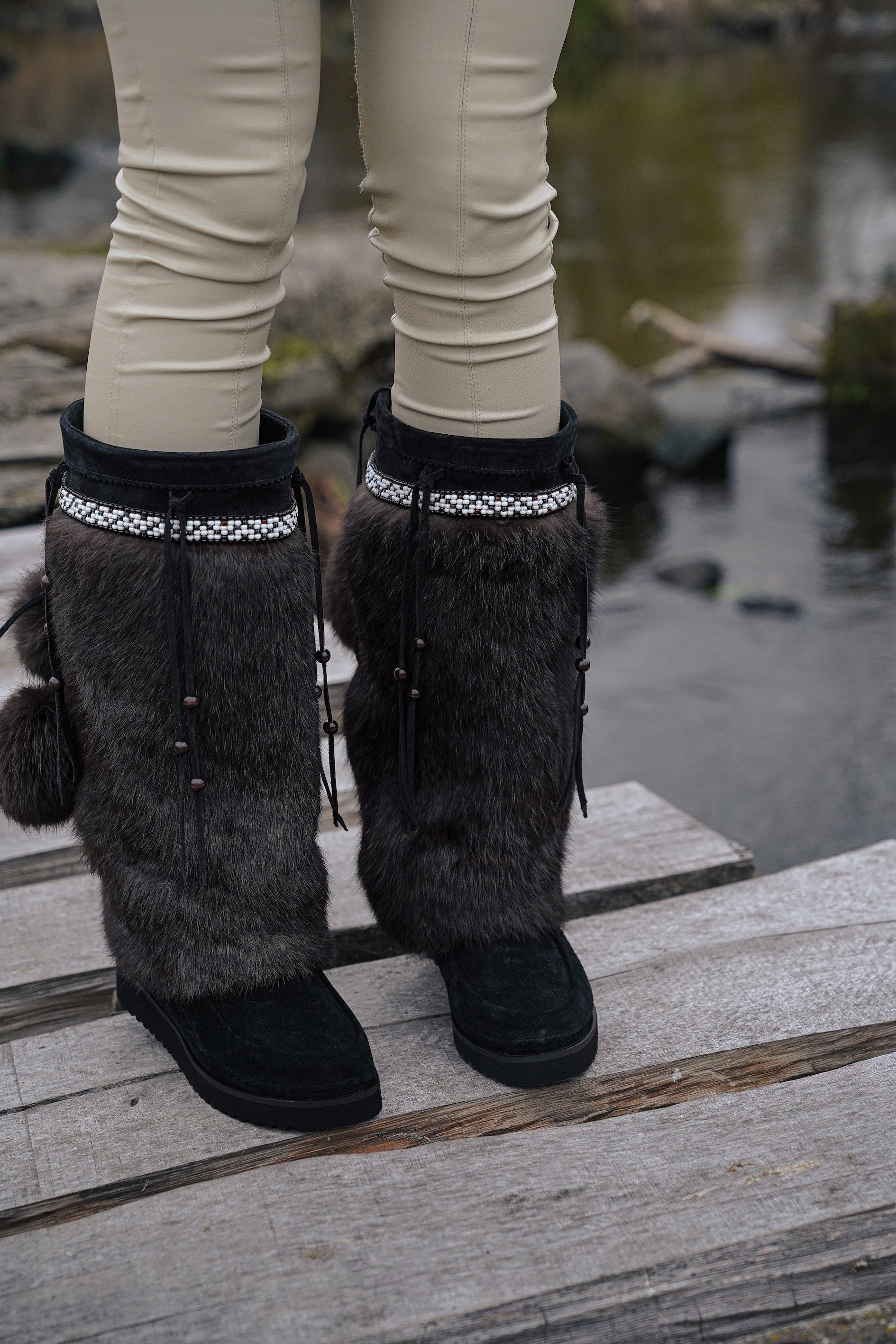 Black Winter Mukluks With Black Natural Fur, Traditional Women Yeti ...