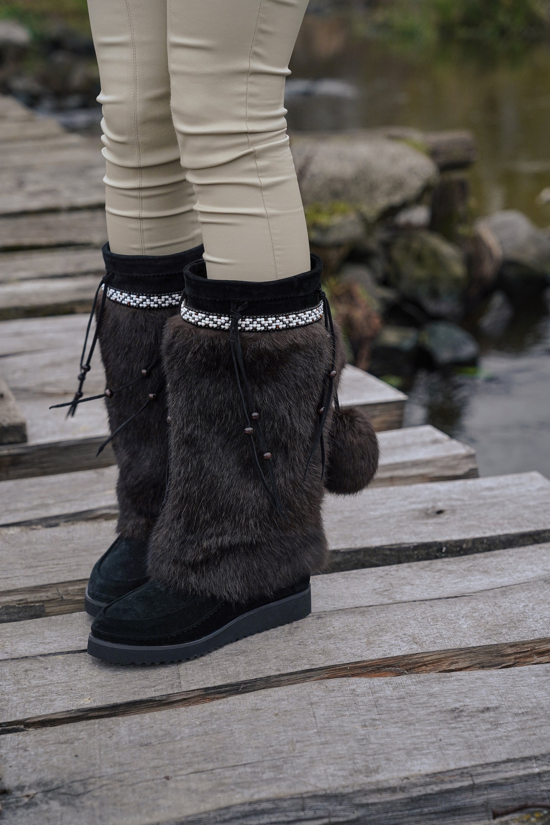 Black Winter Mukluks With Black Natural Fur, Traditional Women Yeti ...