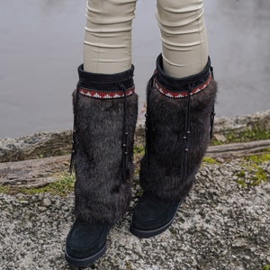 Black Winter Mukluks From Suede and Natural Fur, Traditional Women Yeti ...