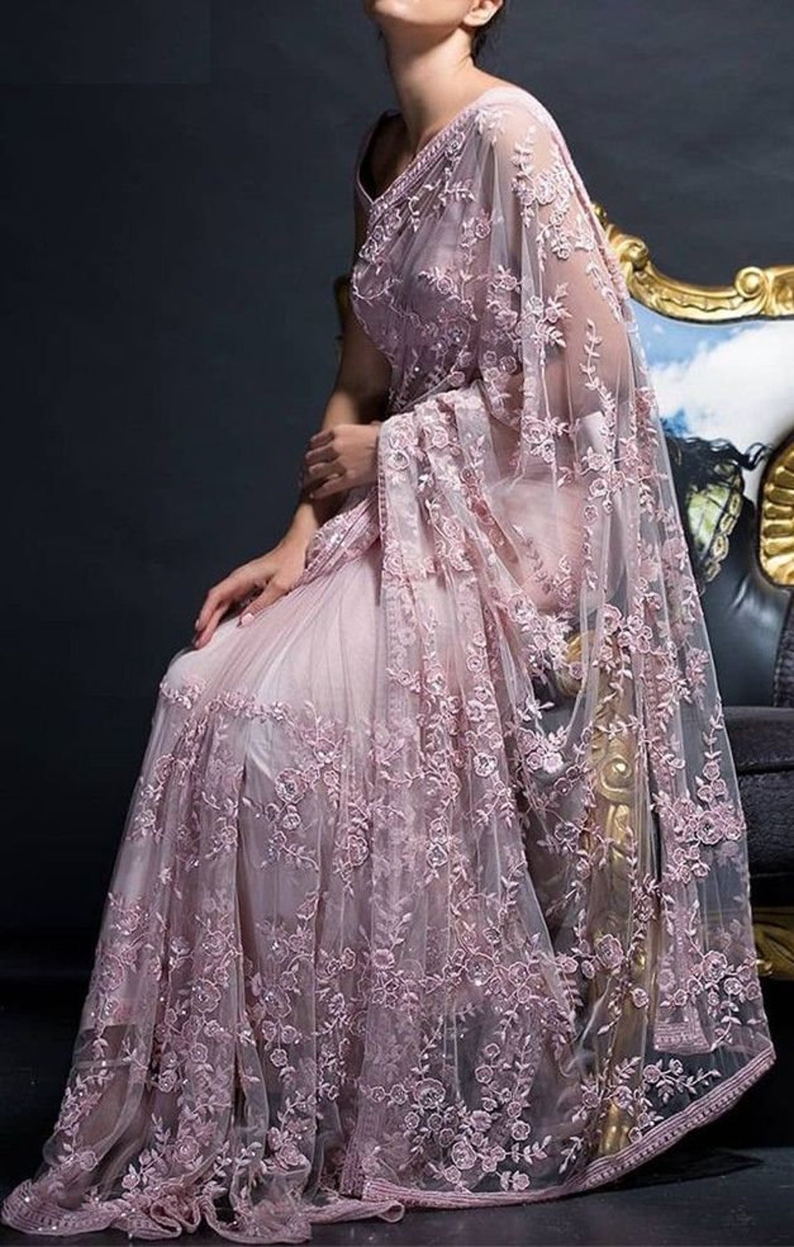 Net Saree Embroidery Saree Zari Work Thread Work Saree - Etsy