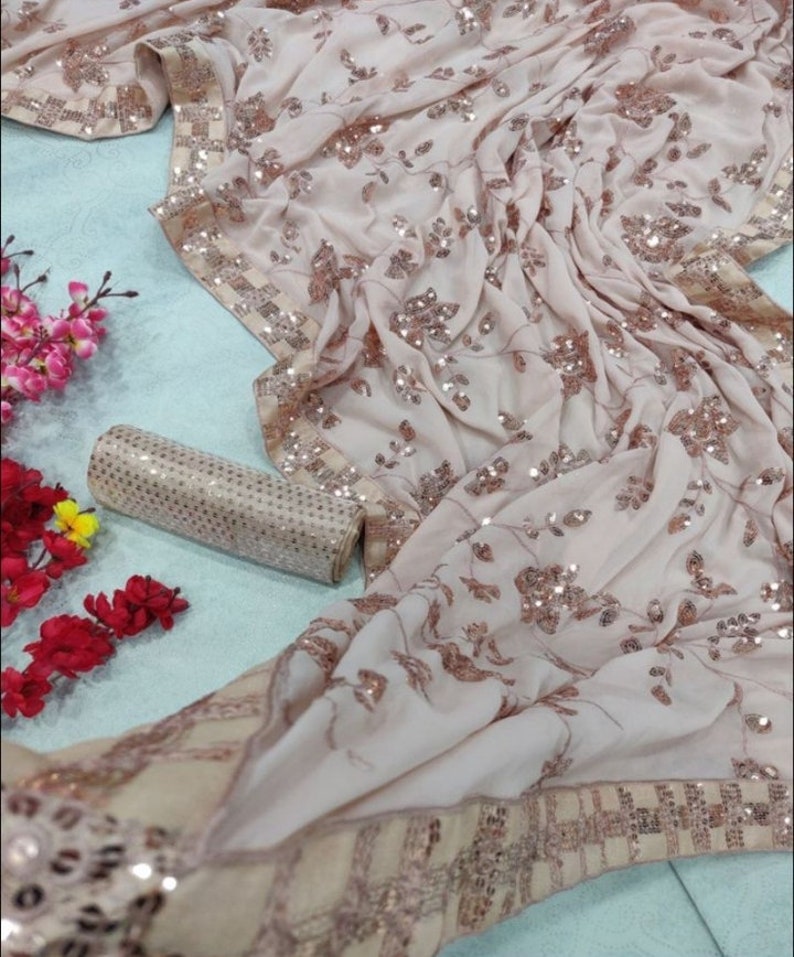 Saree Georgette Saree Sequence Saree Thread Work Saree - Etsy