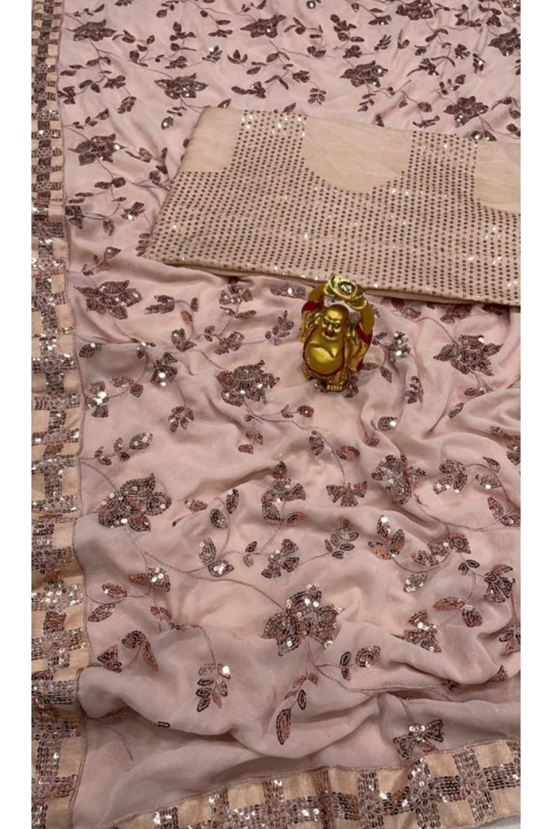 Saree Georgette Saree Sequence Saree Thread Work Saree - Etsy