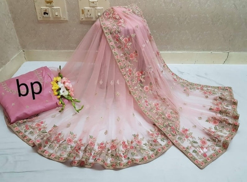 Net Saree Indian Women's Heavy Net Saree Thread Work | Etsy