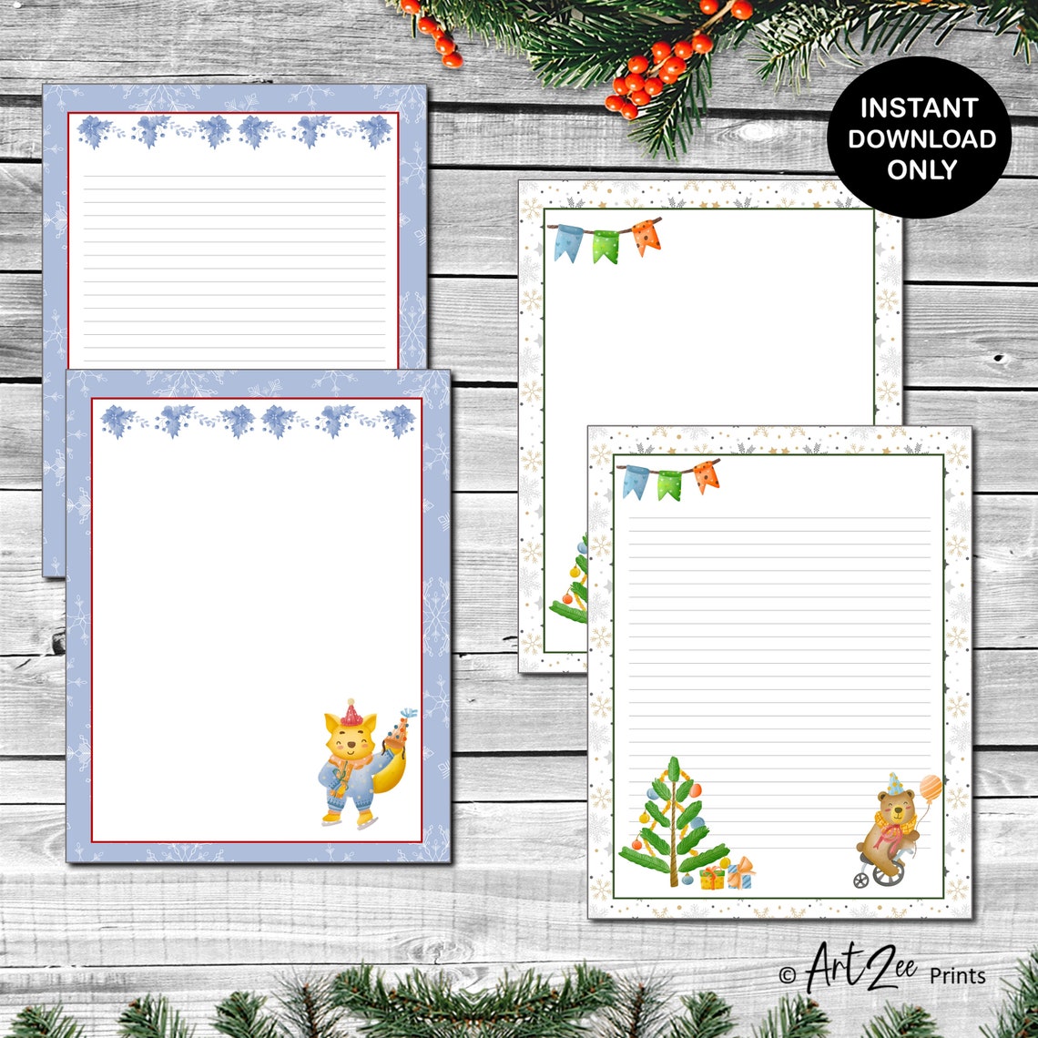 CHRISTMAS Printable Stationery Bundle of 12 Lined and Unlined Writing ...