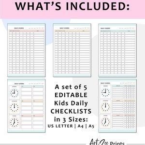 Editable Kids Daily Checklist, Printable Chore Charts for Kids, Daily ...