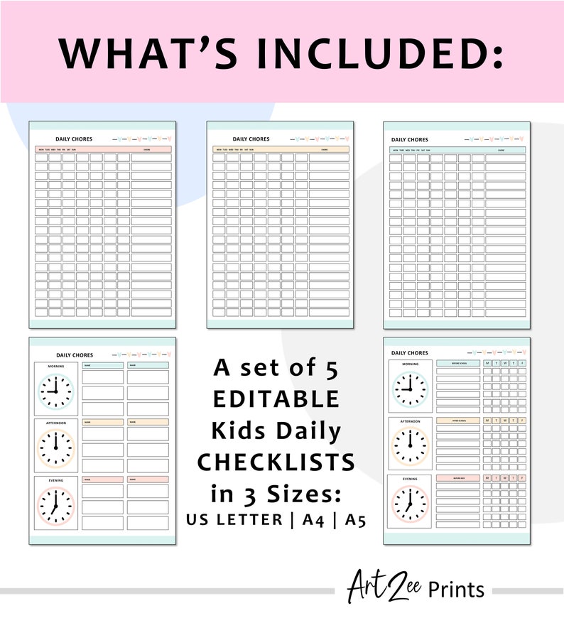 Editable Kids Daily Checklist Printable Chore Charts for - Etsy