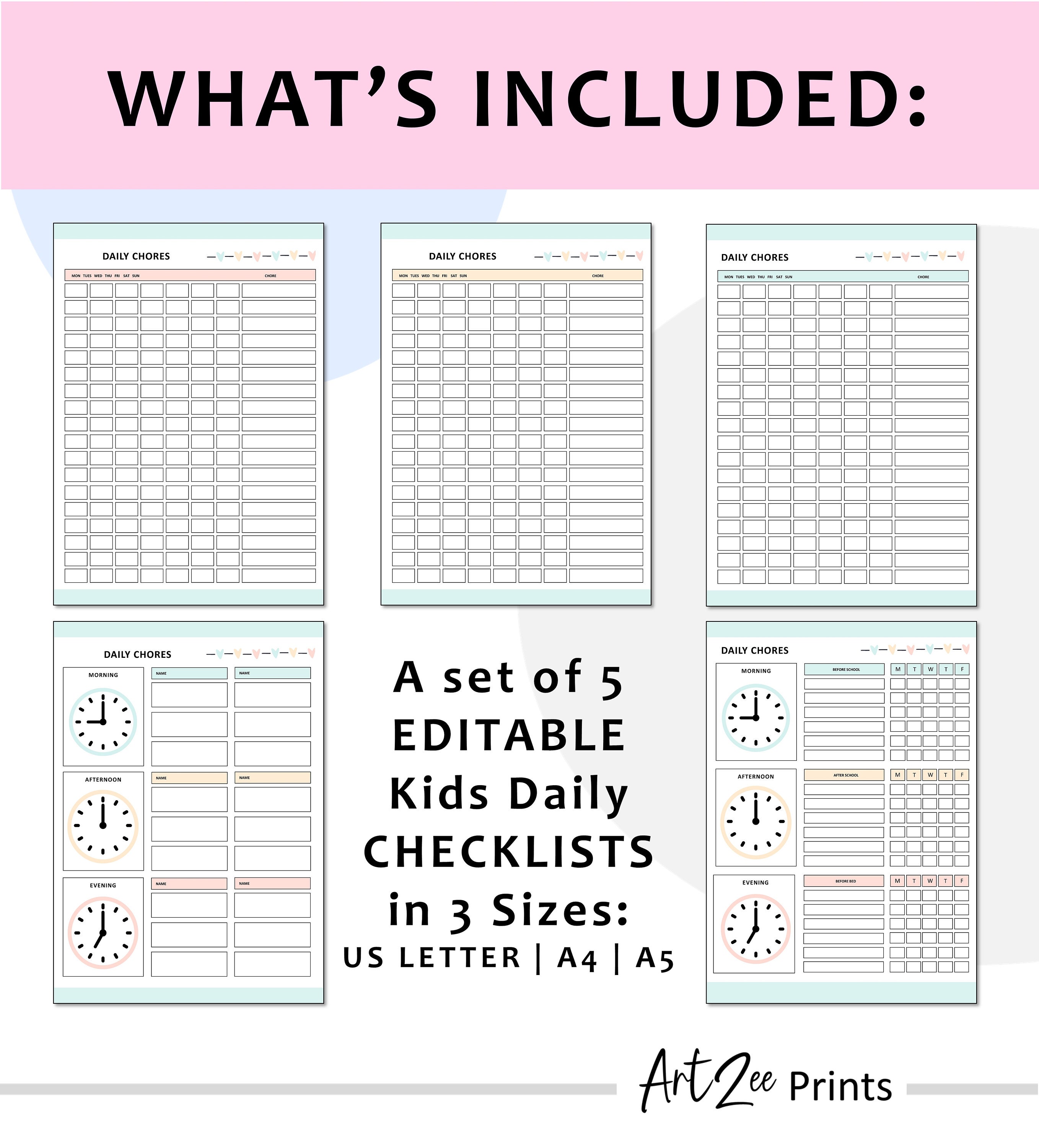 Editable Kids Daily Checklist Printable Chore Charts for - Etsy