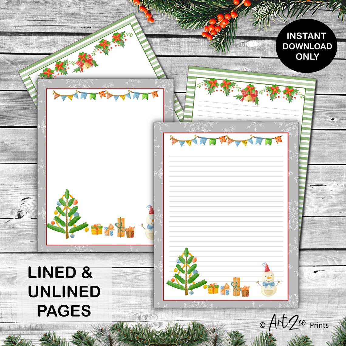 CHRISTMAS Printable Stationery Bundle of 12 Lined and Unlined Writing ...