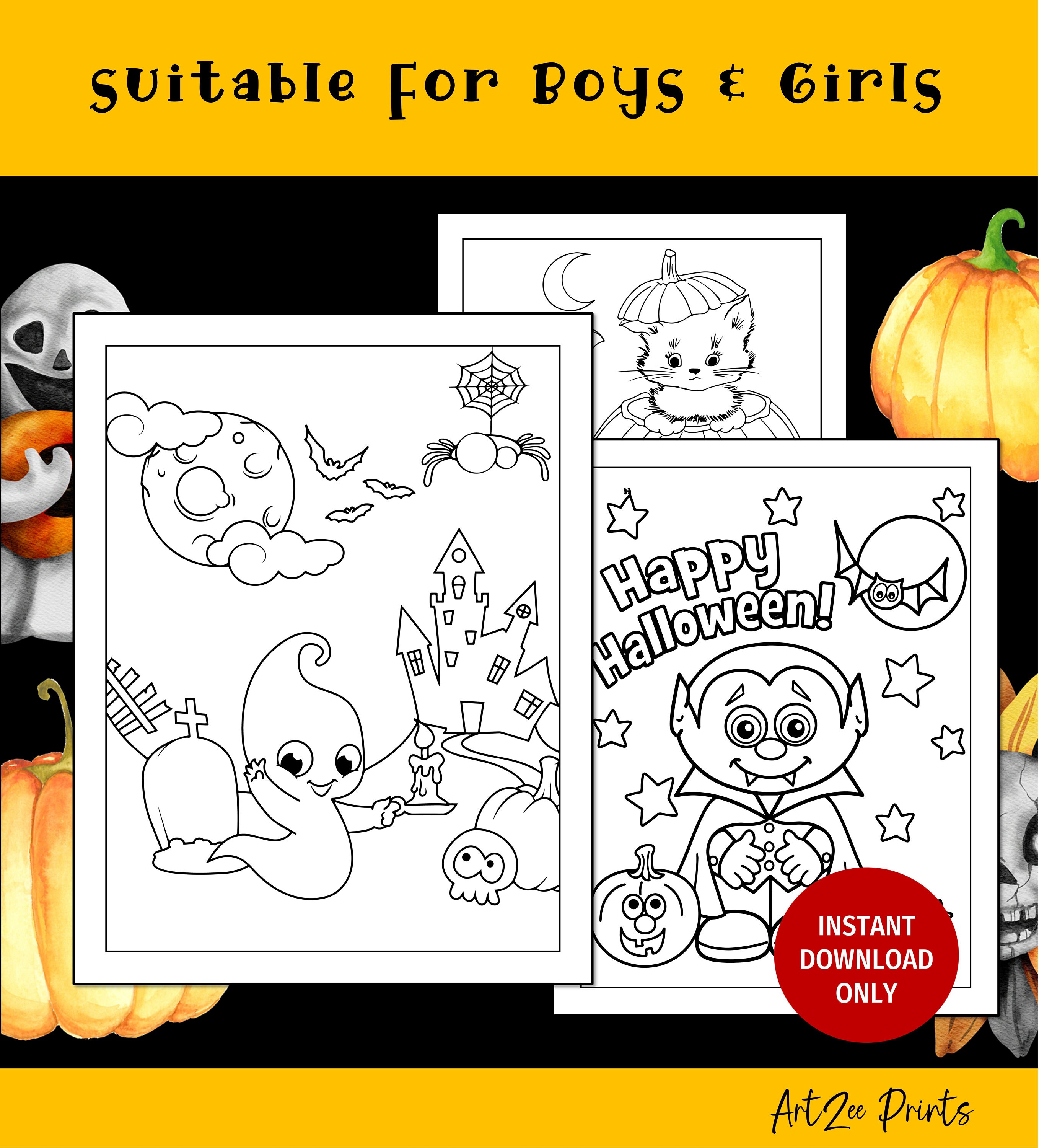 Halloween Coloring Pages for Kids, Bundle of 13 Sheets, Digital Instant ...