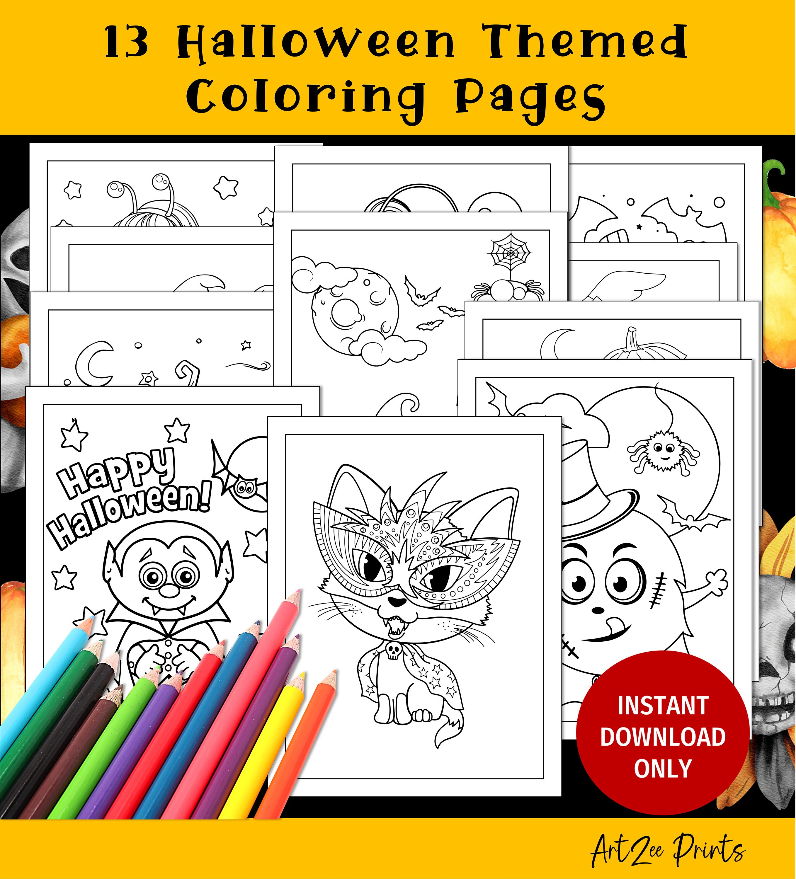 Halloween Coloring Pages for Kids, Bundle of 13 Sheets, Digital Instant ...