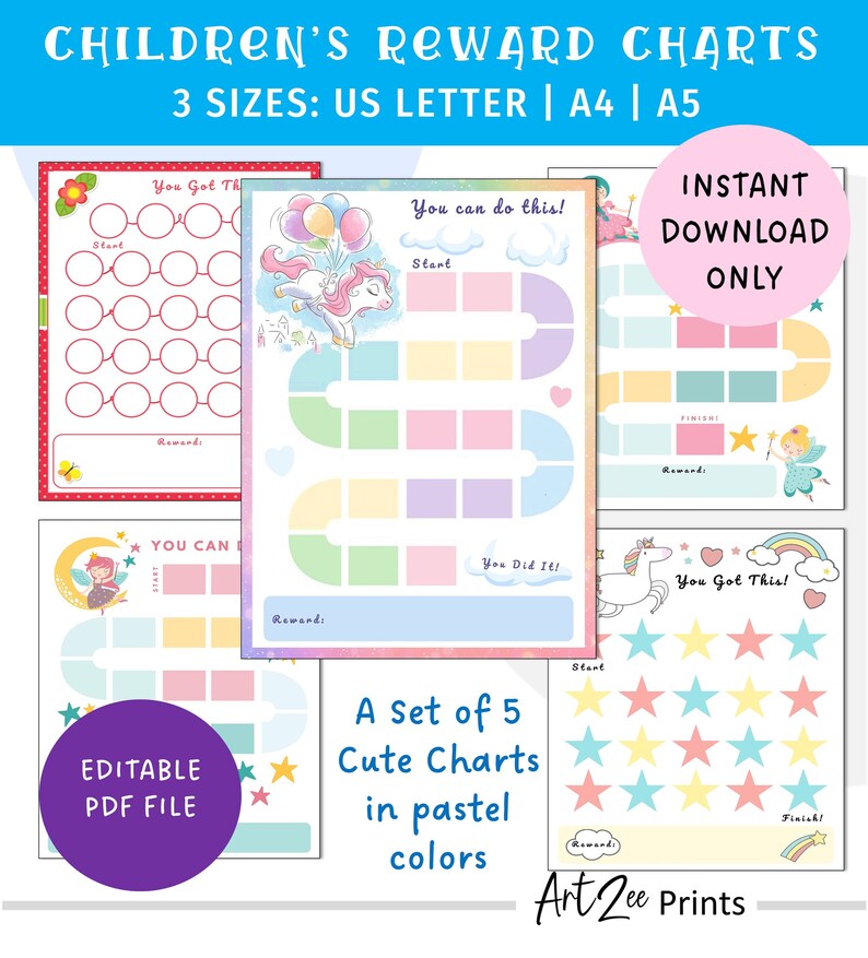 Pastel Rainbow Kids Reward Charts: Habit Training Printable (editable ...