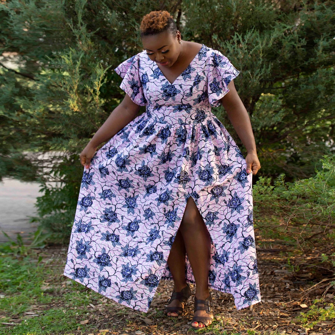Ankara Maxi Dress, Freya Gown With Flare Sleeves and Front Slit - Etsy