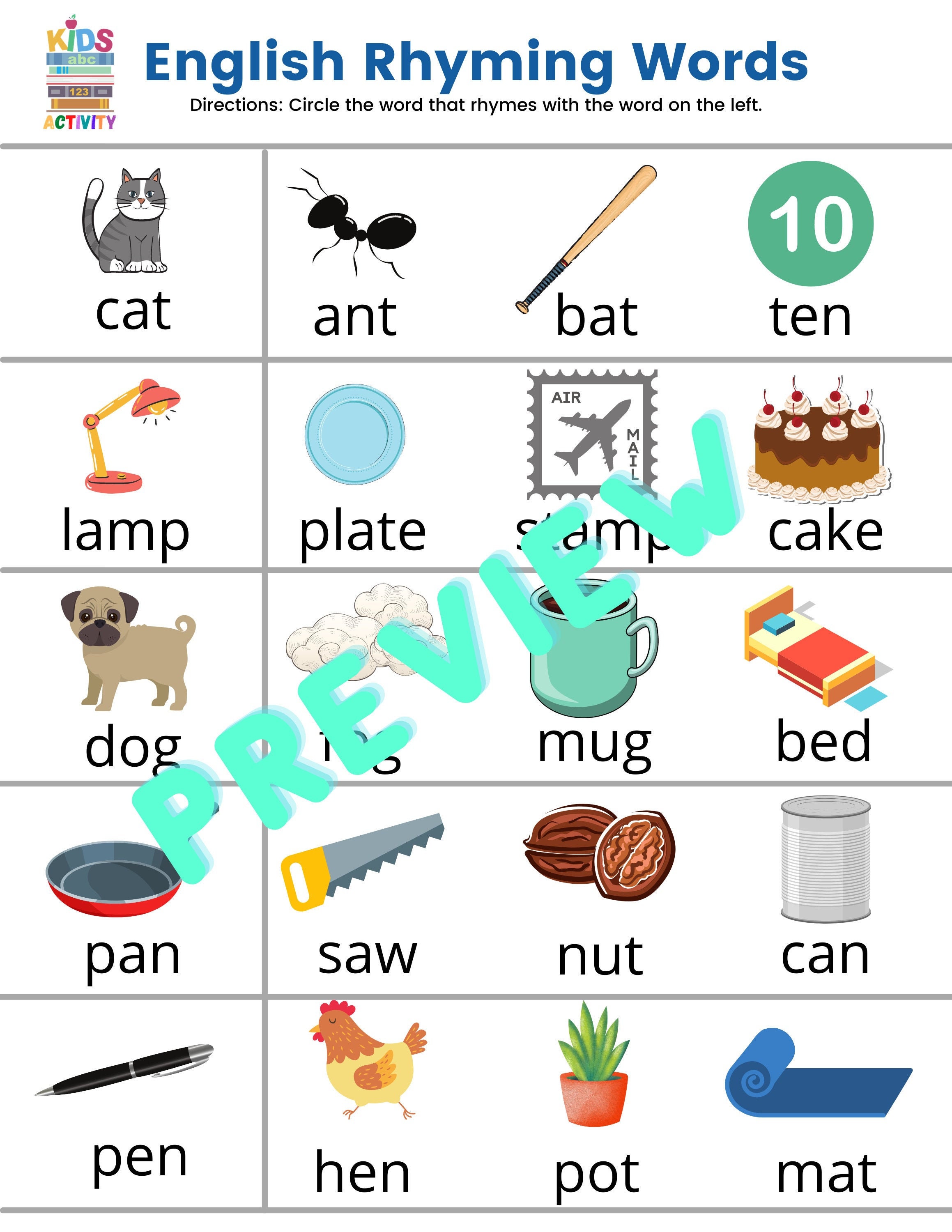 Rhyming Words Preschool Worksheet Printable Kids Activity - Etsy