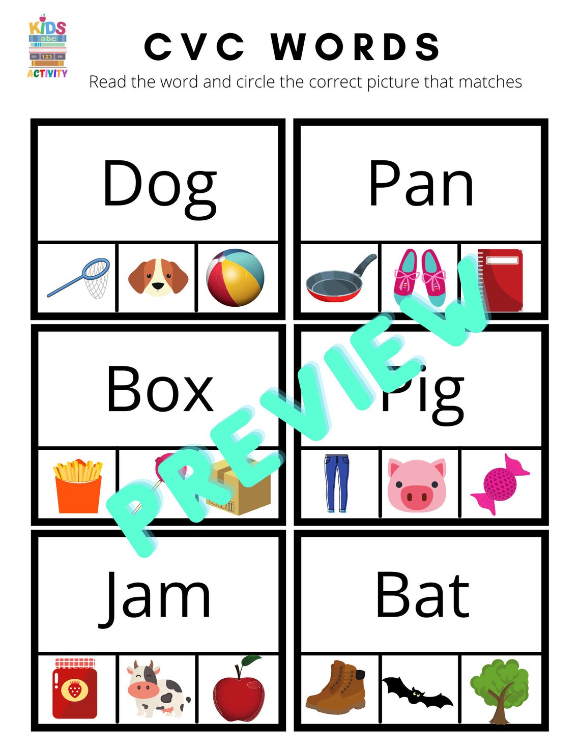 CVC words preschool worksheet printable kids activity | Etsy